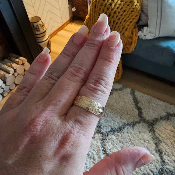 Hand Stamped Gold Birth Flower Ring, Gold Filled Floral Band, 4mm Thick ...