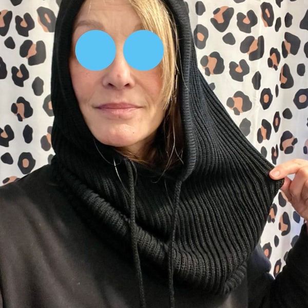 Chunky Knit Pure Merino Wool Women Hooded Balaclava Hat, Woolen Warm Stylish Dark Blue Neck ...