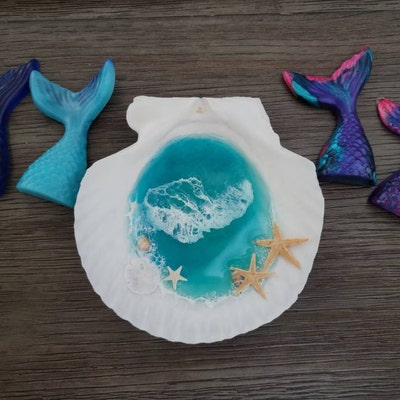 Beach Resin Ocean Large Scallop Shell Ring Trinket Ring Dish. Turquoise ...