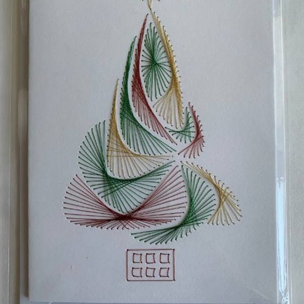 Handmade Hand Stitched Christmas Card Swirl Tree Red, Green, Gold - Etsy UK