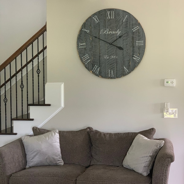 Large Wall Clock / Rustic Grey With Roman Numerals / Made From Rough ...