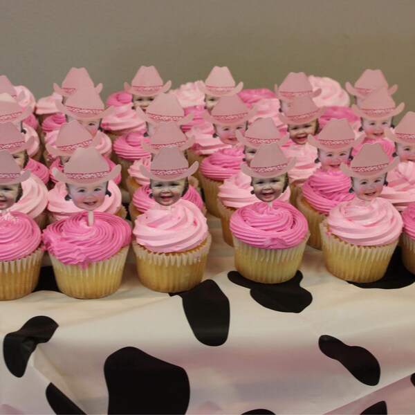 Rodeo Cupcake Toppers With Photo and Pink Cowgirl Hat, Face Cupcake ...