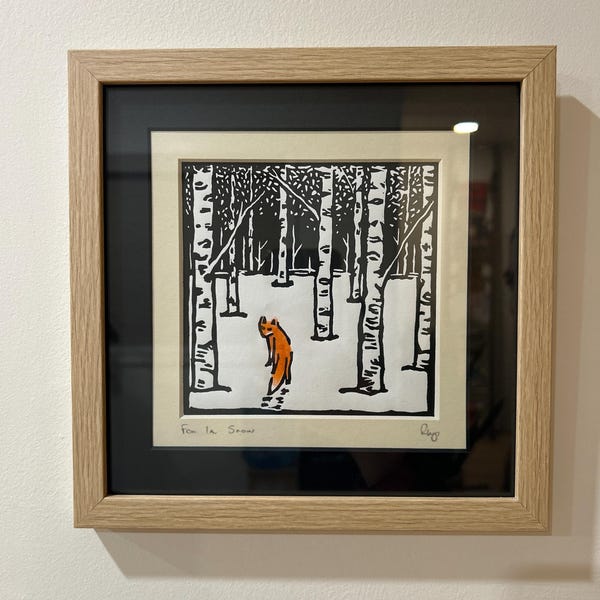 Fox in Snow Original Lino Print in Black With Handpainted Watercolour ...