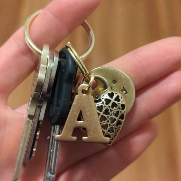Initial Keychain Brass, Personalized Keychain, Retro Monogram Keychain ...