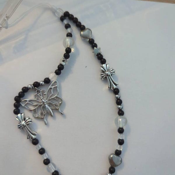 Phone Charm Silver Butterfly,black Bead Phone Strap Charm,unique Black ...