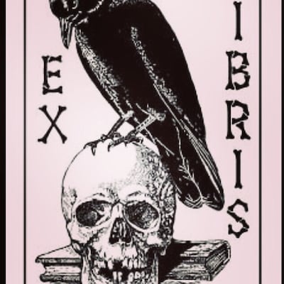 Raven Perched on Human Skull and Book Ex Libris Bookplate Rubber Stamp ...
