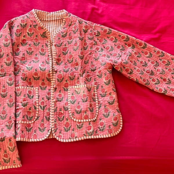 Indian Block Print Quilted Jacket, Handmade Women Wear Pink Flower ...