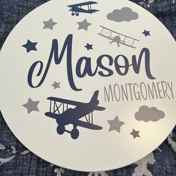 Airplane Nursery Aviation Name Sign With Airplanes - Personalized Round ...