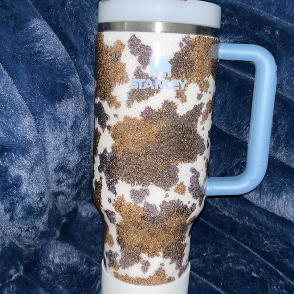 Custom Cow Hide Authentic Stanley Tumbler Epoxy Glitter Black Cow
