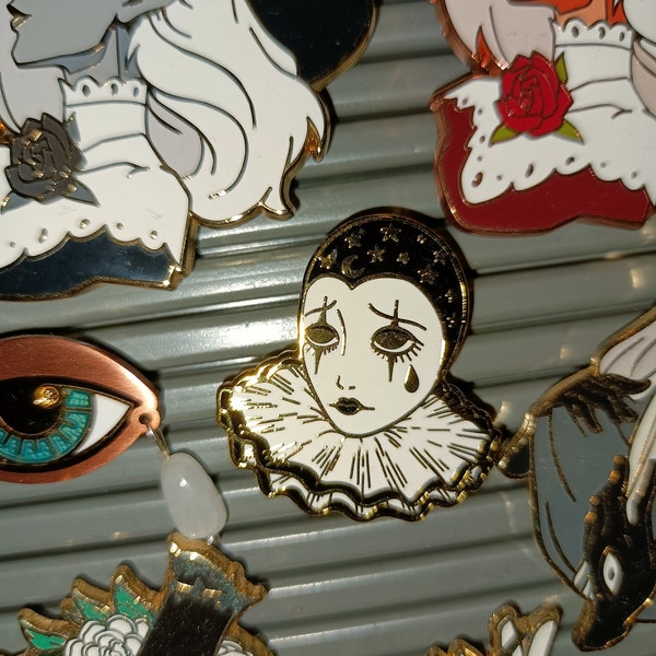 Sad Pierrot Clown Girl Enamel Pin - Golden Metal - Etsy