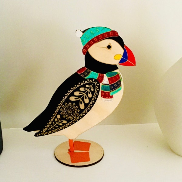 Winter Edition Wooden Standing Puffin Decoration - Hand Painted - Etsy