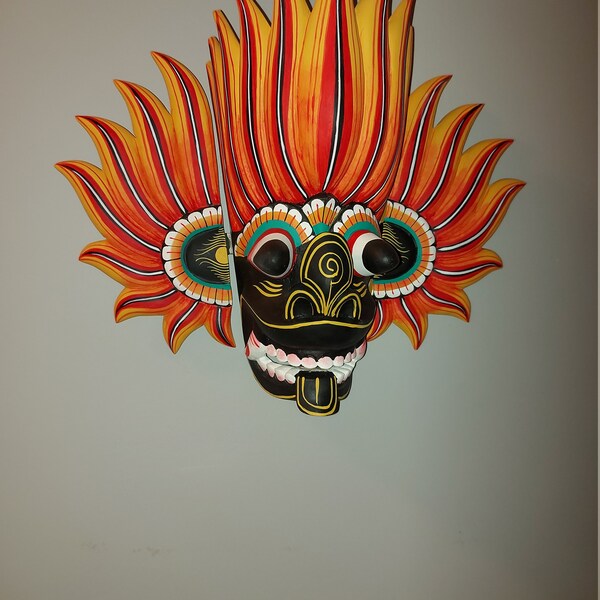 Ceylonese Wooden Hand Carved Traditional Gini Raksha fire Demon Mask ...