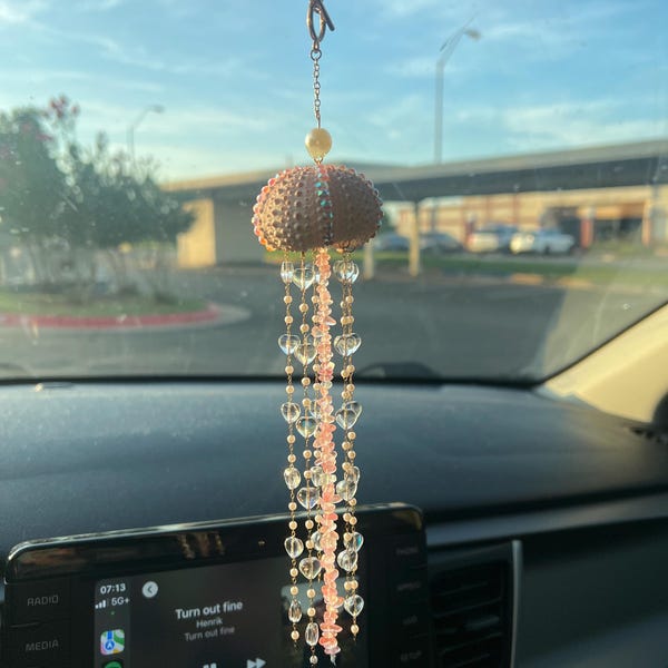 Sea Urchin Jellyfish Car Charm: Pink Crystal & Pearl Coastal Ornament ...