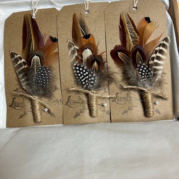 Set of 3 Mixed Pheasant Feather Rustic Boutonniere Groomsmen ...