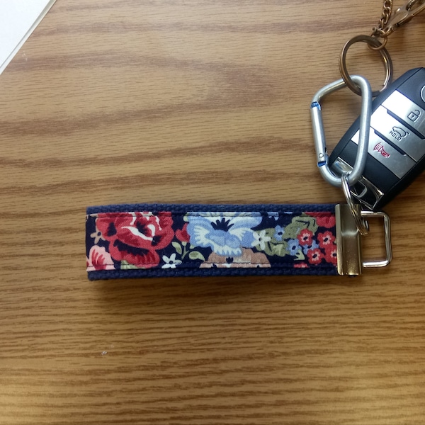 Blue Rose Print Floral Key Fob- Fabric Key Fob- Navy Key Fob- Blue ...