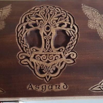 Viking Personalized Wood Urn With Yggdrasil, Wooden Memorial Box Carved ...