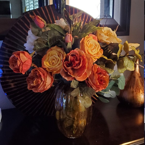 Burgundy Wisteria and Branches, Gold Sunflower, Orange Peony, Rust ...