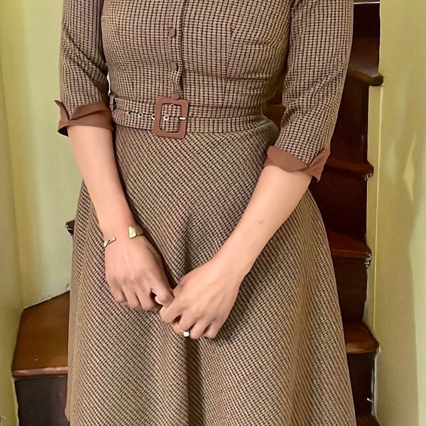 Adeline -brown Houndstooth 1950s A-line Vintage Dress Custom Made - Etsy