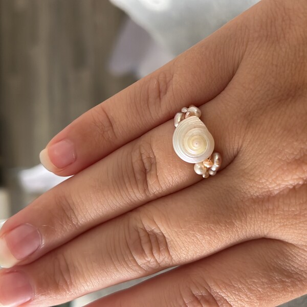 Adjustable Shell Ring, Wire Beach Ring, Seashell Ring, Pink Pearl Wire ...