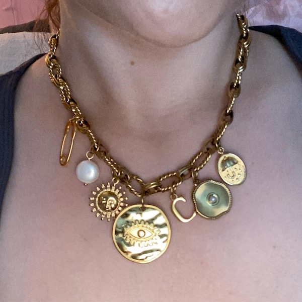 Chunky Charm Necklace, Custom Charm Necklace, Gold Vintage Charm ...
