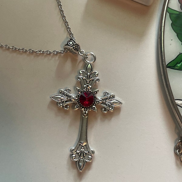 Dark Ruby Red Antiqued Silver Cross Crucifix Gothic Victorian Vampire ...