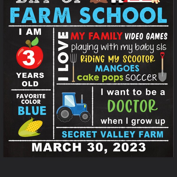 First Day of School Sign Printable, Back to School Chalkboard, Farm ...