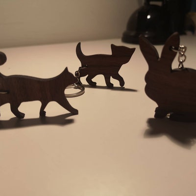 Wooden Cat Keychain, Walnut Wood, Animal Keychain, Environmental ...