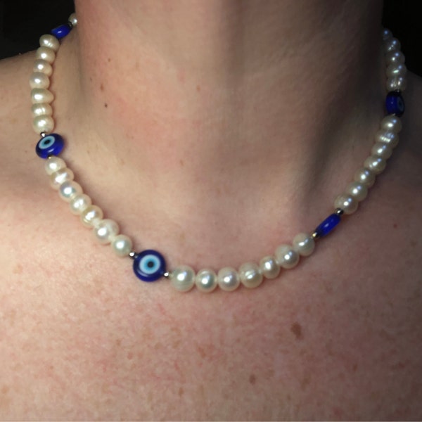 Evil Eye Pearl Necklace / Pearl Evil Eye Necklace / Evil Eye Necklace ...