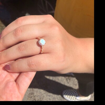 Round Cut Galaxy White Opal Engagement Ring Rose Gold Vintage Fire Opal ...