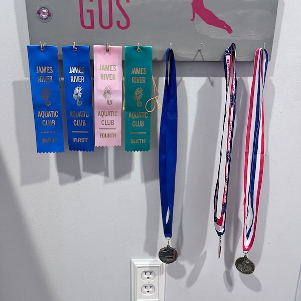 Personalized Swim Ribbon Holder Award Display With Hooks/clips - Etsy