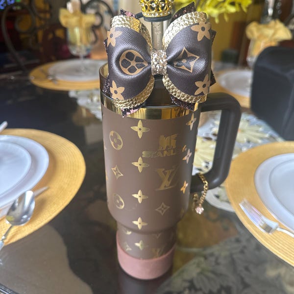Stanley Chocolate Gold Bow Topper, Brown Stanley Tumbler Straw Topper ...
