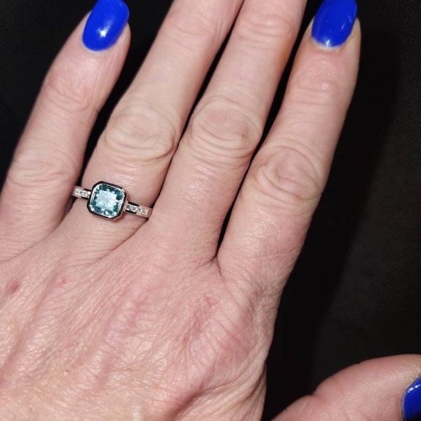 1.50 CT Cushion Cut Cyan Blue Moissanite Ring, Bezel Set, Channel Pave ...