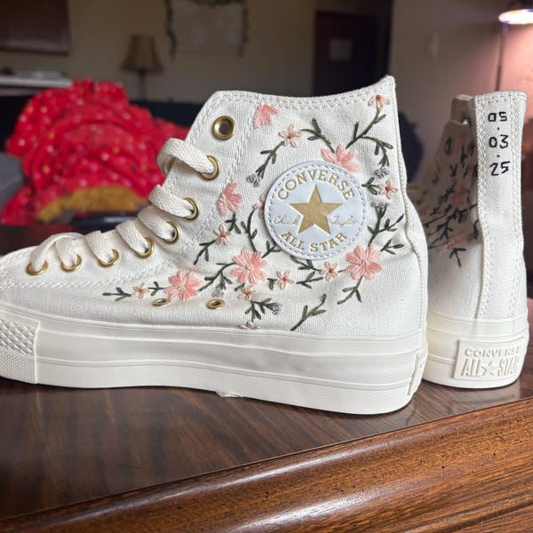 Custom Converse Embroidery, Pink Flower Embroidered Converse Custom ...