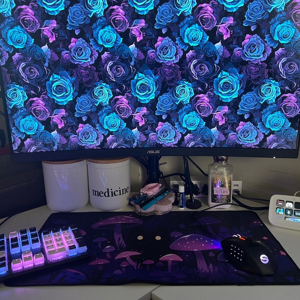 Mushroom Deskmat Anime Cat Mouse Pad Cute Purple XL Mousepad Cat Desk ...