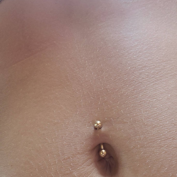 14k Solid Gold Belly Button Ring Navel Piercing Round Two Balls Bar ...