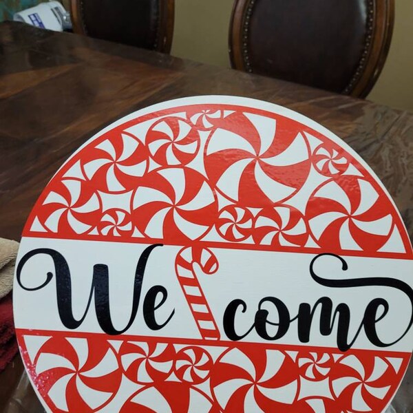 Peppermint Round Welcome Sign SVG, Christmas Door Hanger SVG, Candy Svg ...