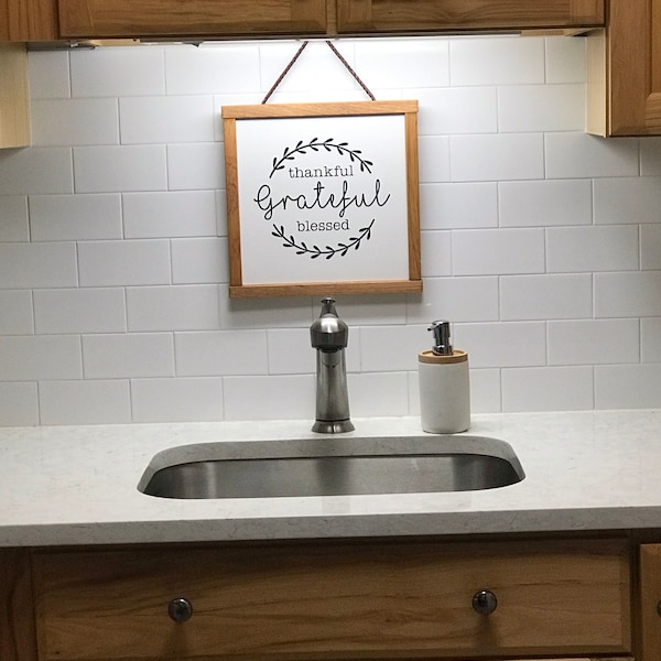 Laurel Leaf Thankful Grateful Blessed Rustic Wood Sign, Multiple Sizes ...