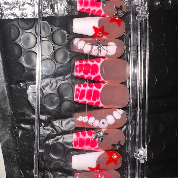 White and Red French Tip With Stars Long Stiletto Press on Nails Goth ...