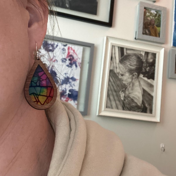 Shattered Rainbow Stained Glass Earrings // Teardrop // Sapele Wood ...