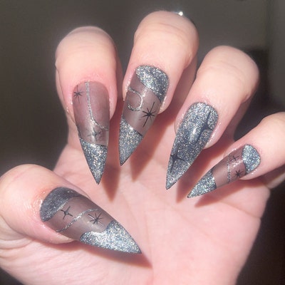 Black Stars Press on Nails, Black Coffin Nails, Custom Fake Nails, Handpainted False Nails ...