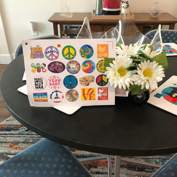 60's Hippie Paper Stickers, 30 Stickers per Sheet 1.5"x1.5" Size ...