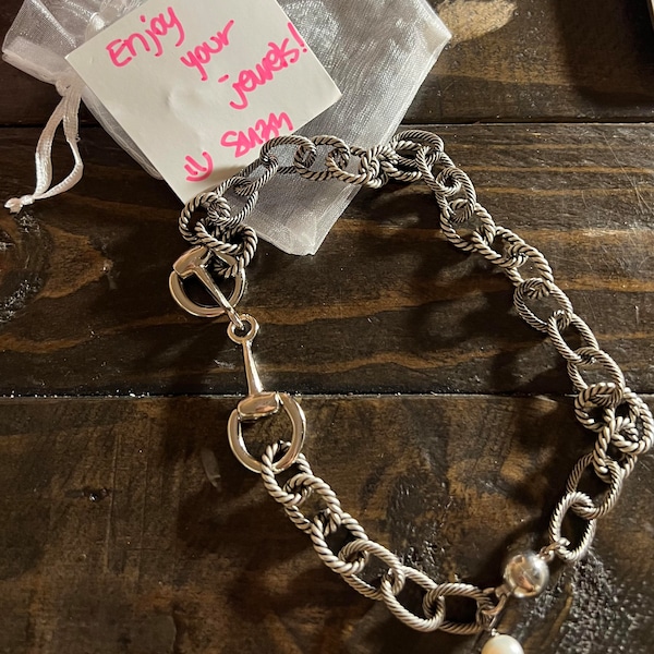 Equestrian Horse Snaffle Bit Antique Silver Paperclip Chain Double Wrap ...