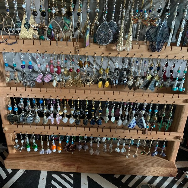 Oak Wood Earring Holder Stand, Double-sided Jewelry Holder. Holds up to ...