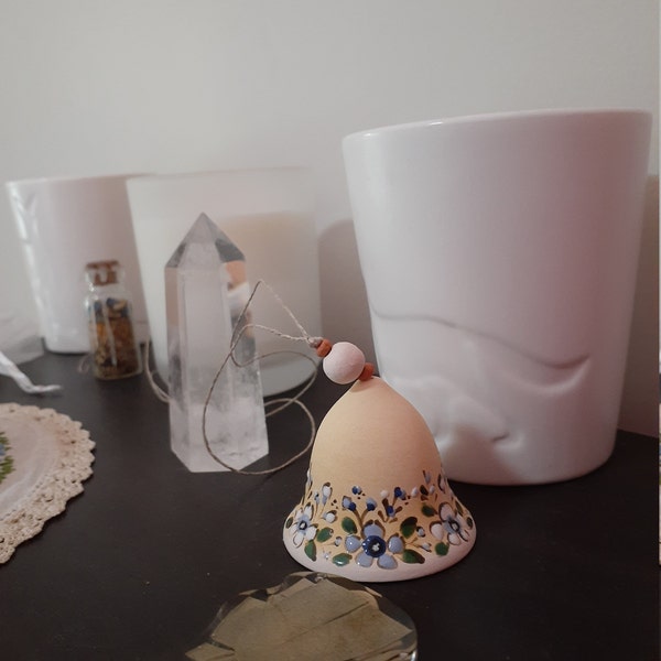 Ceramic Light Yellow Bell, Pottery Bell, Handmade Bell, Flower Decal ...