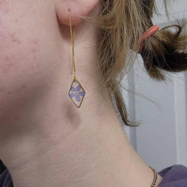 Blue Forget Me Not Threader Earrings: Gold or Silver Plated Resin - Etsy