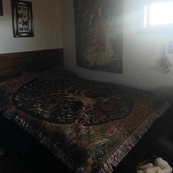 Medieval Stallion White Horses Throw Blanket Tapestry Vintage Woven ...