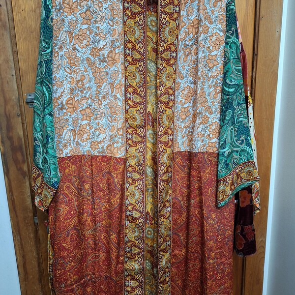 Patchwork Tie Top, 3 Way Bell Sleeve Tie Front Hippie Top Silk Retro ...