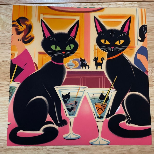 Black Cats Day Drinking Art, Cats Cocktail Poster, Mid Century Cat Art ...