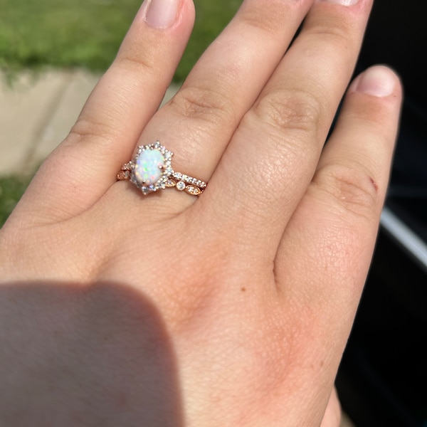 Oval Shape White Fire Opal and Diamond Engagement Ring Set Unique Rose ...