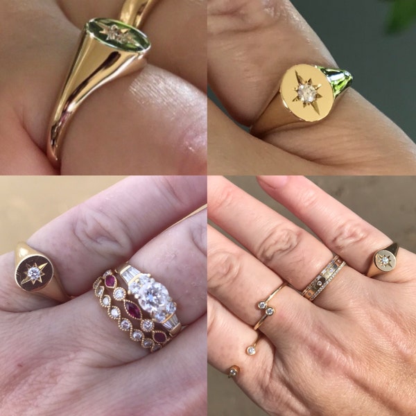 Diamond Signet Ring 14k Gold / Star Setting Diamond Signet Ring / Gold ...